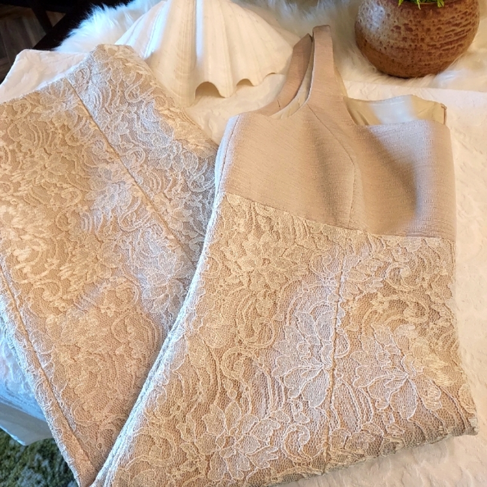 Coffee Cream Color Lace Semi-Formal Dress With A Gold… - Gem